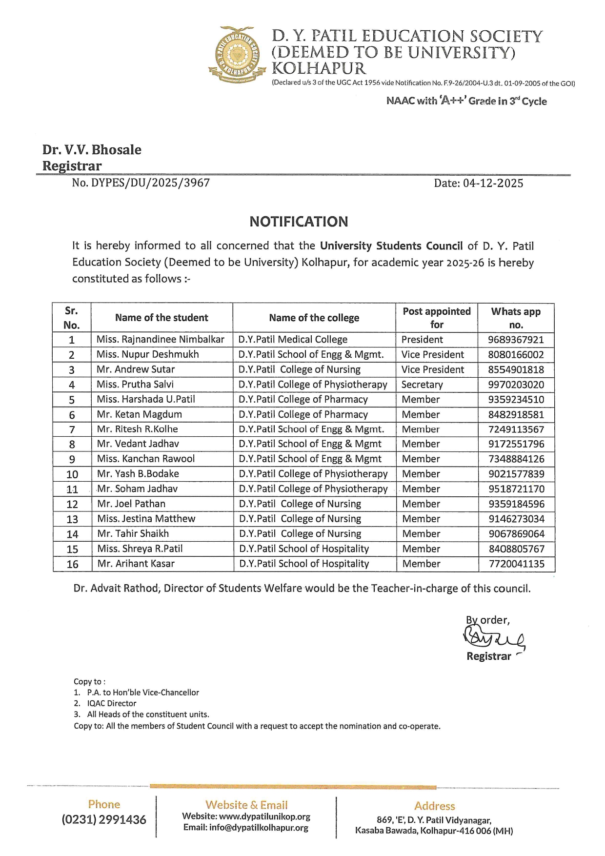University Student Council – D. Y. Patil Education Society (Deemed to ...